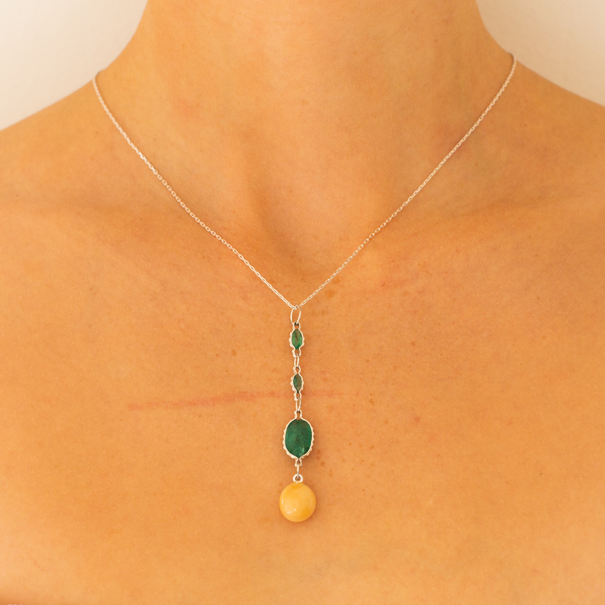 3 Carat Conch Pearl with Emerald Necklace on Sterling